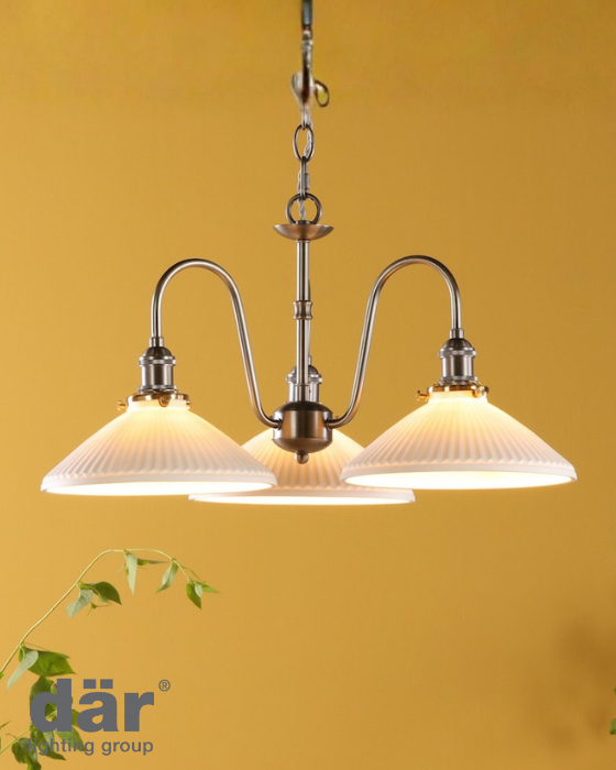 Dar Lighting Hadano 3 Light Antique Chrome & White Ceramic Pendant ...