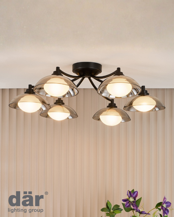 Dar Lighting Kadience 6 Light Satin Black & Smoked Glass Semi Flush ...