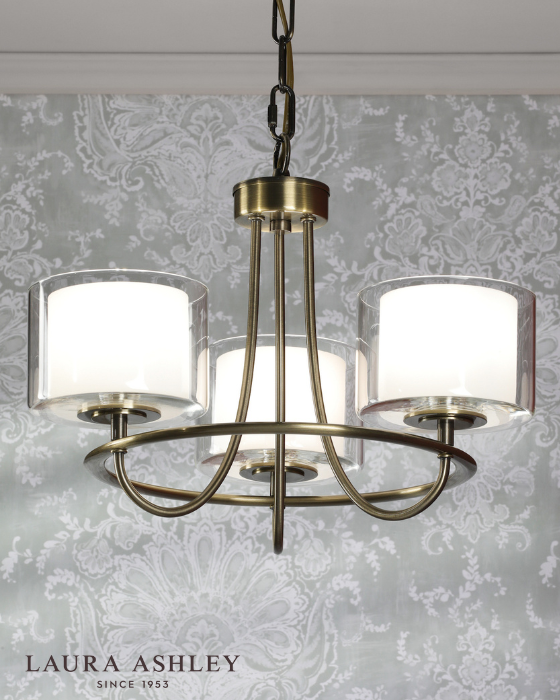 Laura Ashley Southwell 3 Light Antique Brass & Opal Glass Armed Chande ...