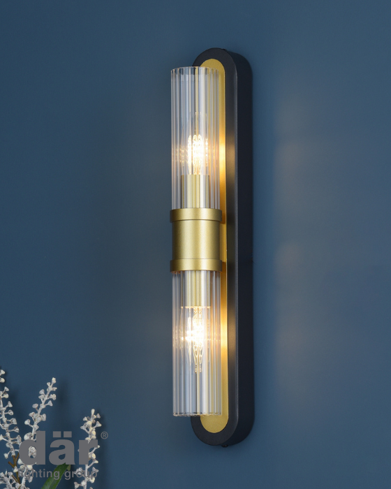 Dar Lighting Rhian 2 Light Matt Black & Ribbed Glass Wall Light ...